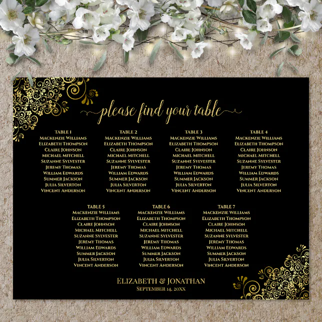 7 Table Wedding Seating Chart Gold Frills on Black | Zazzle