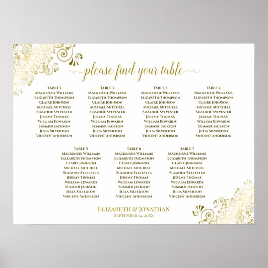 7 Table Wedding Seating Chart Gold Frills on White | Zazzle.com