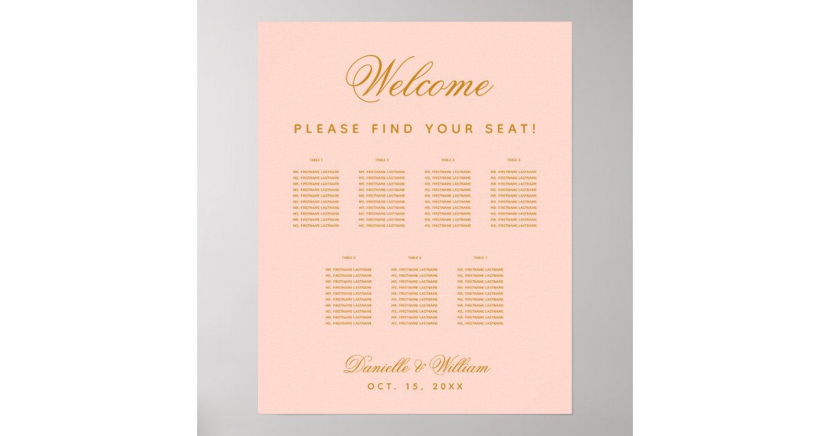 7 Tables Blush Pink Simple Wedding Seating Chart | Zazzle