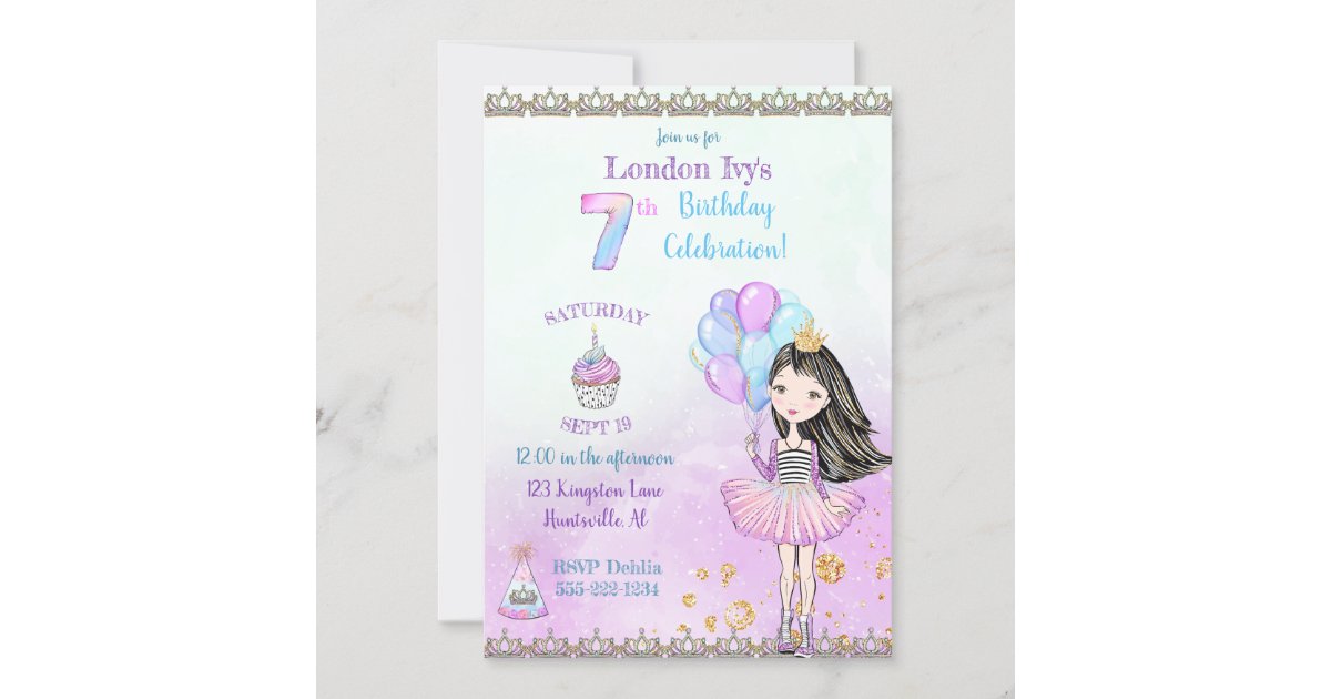 7th Birthday Girl Princess Cupcake Balloons Invitation | Zazzle