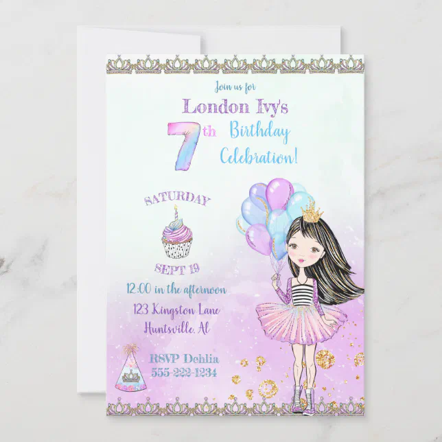 7th Birthday Girl Princess Cupcake Balloons Invitation | Zazzle