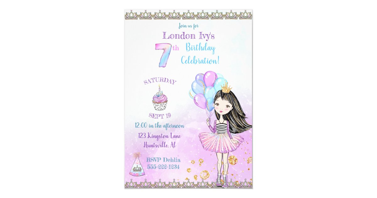 7th Birthday Girl Princess Cupcake Balloons Invitation | Zazzle.com