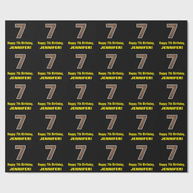 7th Birthday: Name & Faux Wood Grain Pattern "7" Wrapping Paper | Zazzle