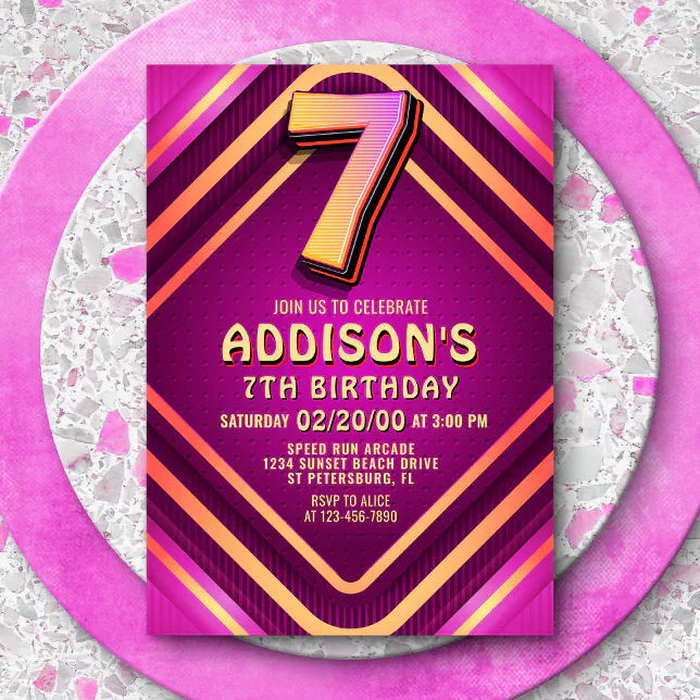 7th Birthday Neon Invitation | Zazzle