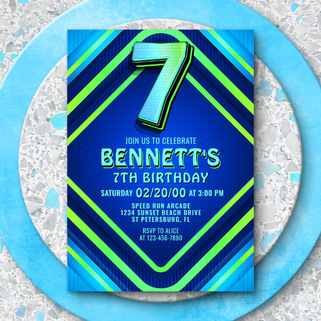 7th Birthday Neon Invitation | Zazzle
