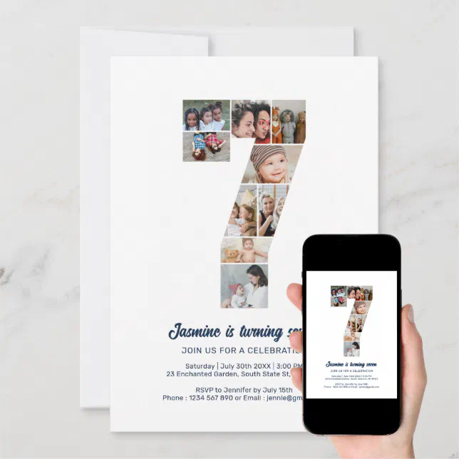 7th Birthday Number 7 Custom Photo Collage Invitation | Zazzle