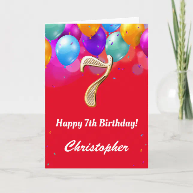 7th Birthday Red and Gold Colorful Balloons Card | Zazzle