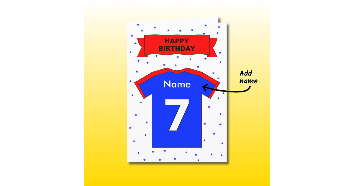 7th birthday red blue sports shirt personalized card | Zazzle