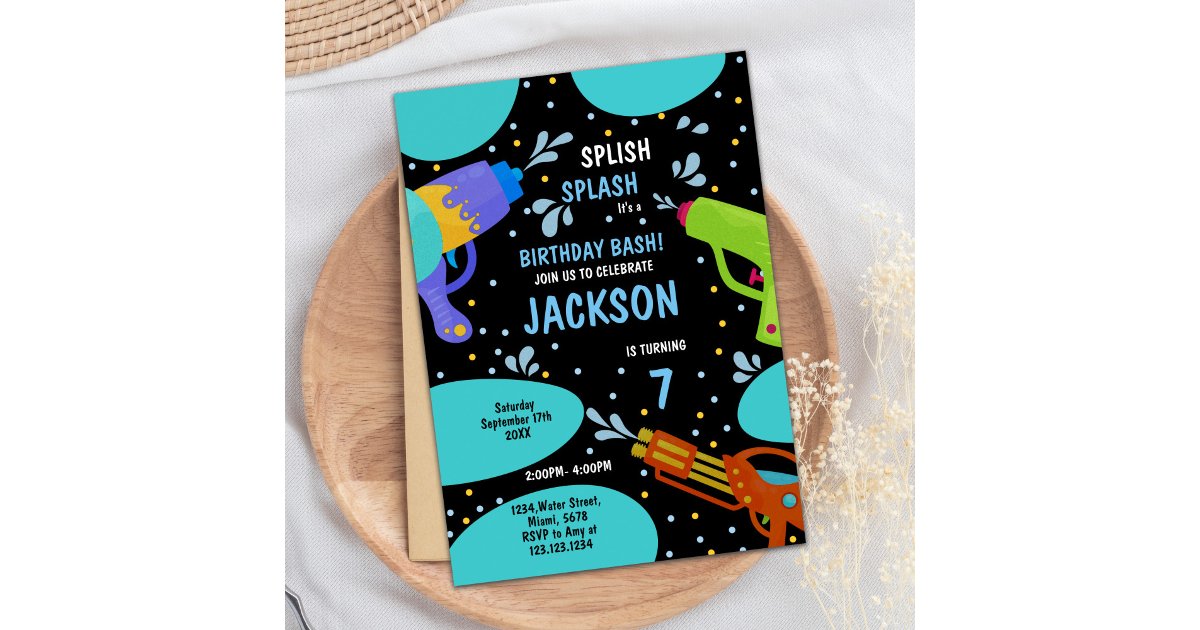 7th Black Green Water Gun Invitations | Zazzle