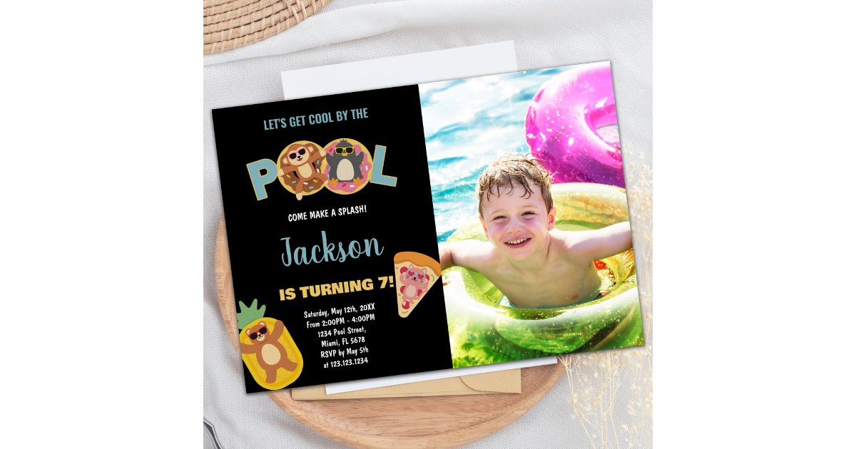 7th Black Monkey Photo Pool Birthday Invitations | Zazzle
