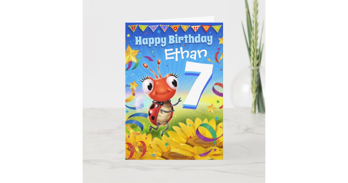 7yrs Custom birthday card Little Ladybug range | Zazzle