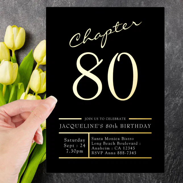80 Black 80th Birthday Party Gold Foil Invitation | Zazzle