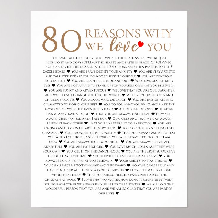 80 reasons why we love you 70th 60th 50th birthday poster | Zazzle