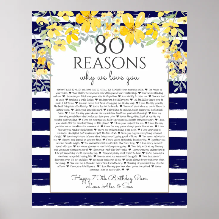 80 reasons why we love you yellow navy floral poster | Zazzle