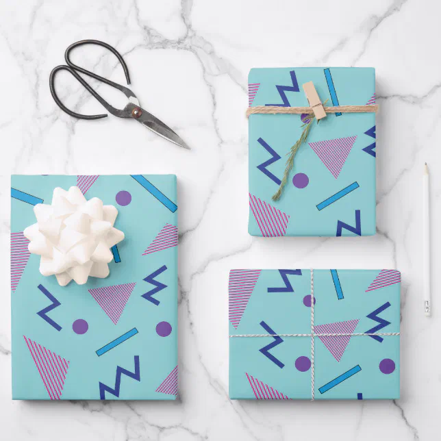 80s 90s Memphis style geometric blue Wrapping Paper Sheets | Zazzle