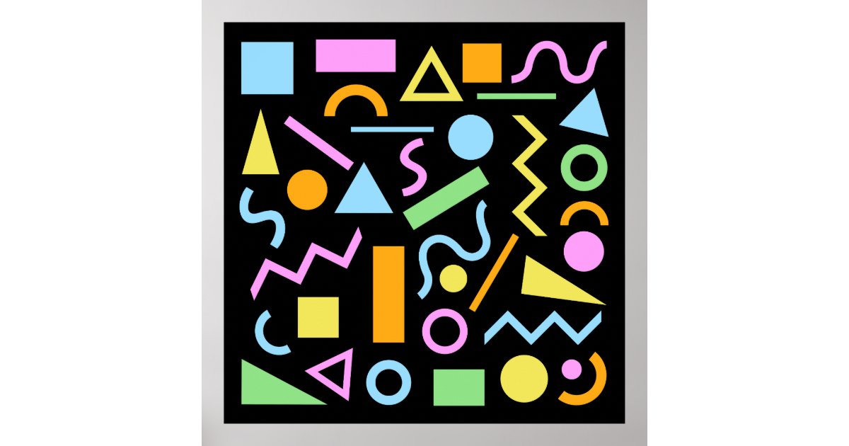 80s Style Shape Pattern Color on Black Poster | Zazzle