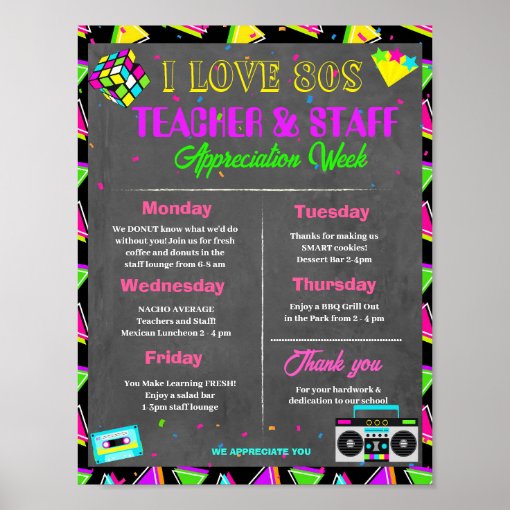 80s Teacher Staff Appreciation week template Poster | Zazzle