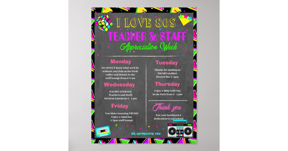 80s Teacher Staff Appreciation week template Poster | Zazzle