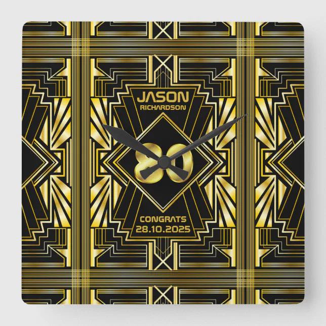 80th Birthday Art Deco Gold Black Great Gatsby Square Wall Clock | Zazzle