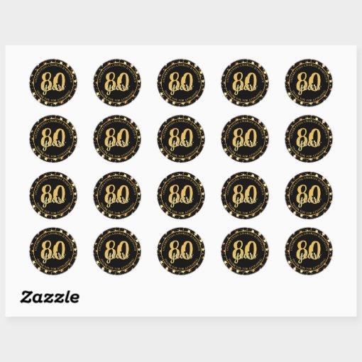 80th Birthday Black and Gold Stars THANK YOU Classic Round Sticker | Zazzle