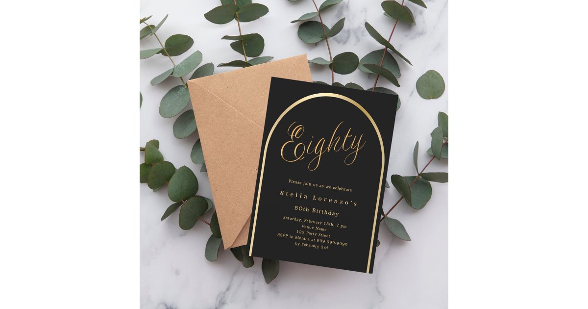 80th birthday black gold arch elegant script invitation | Zazzle