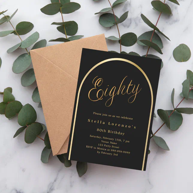80th birthday black gold arch elegant script invitation | Zazzle