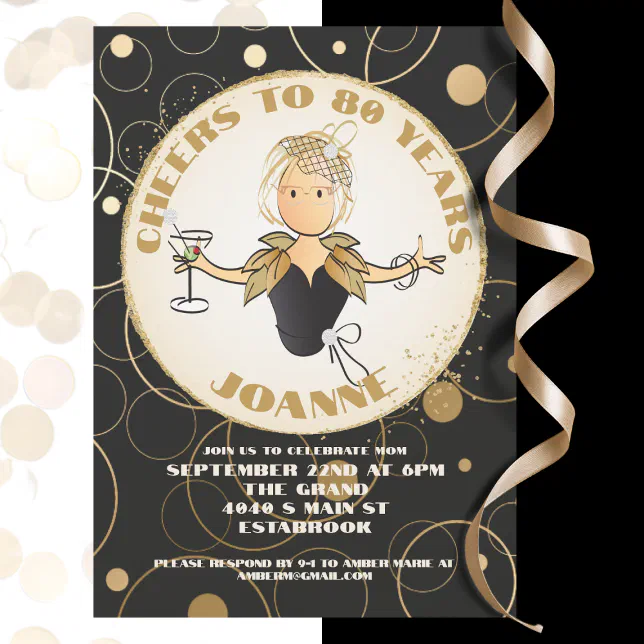 80th Birthday Black Gold Funny For Her Birthday Invitation | Zazzle