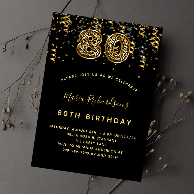 80th birthday black gold leopard print luxury invitation | Zazzle
