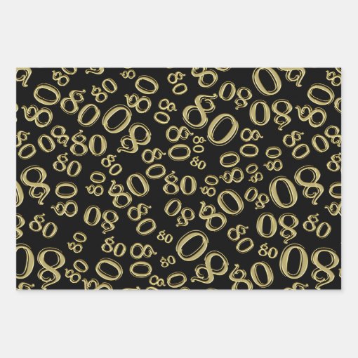 80th Birthday Black & Gold Number Pattern 80 Wrapping Paper Sheets | Zazzle