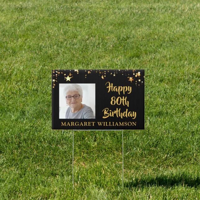 80th Birthday Black Gold Stars Two Photos Name Sign | Zazzle
