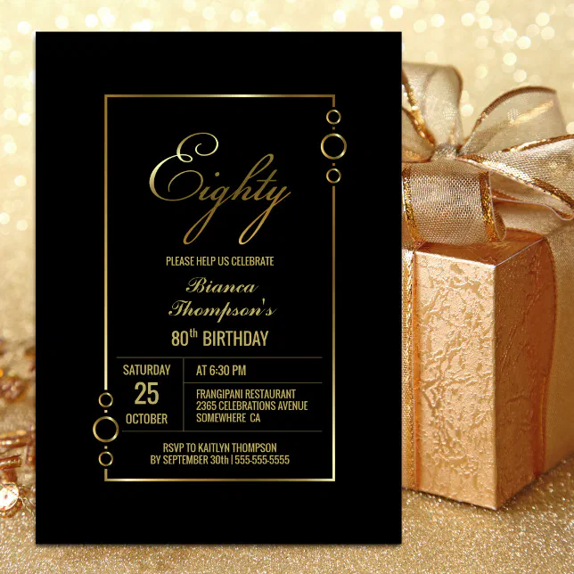 80th Birthday Black with Gold Frame Party Invitation | Zazzle