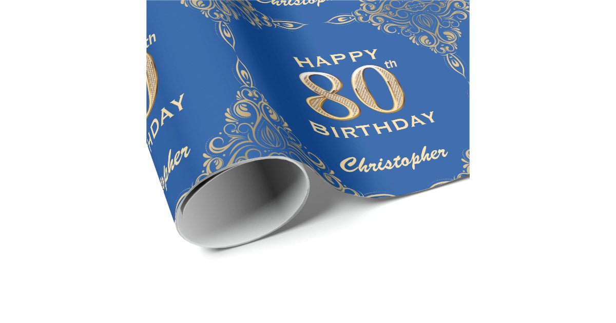 80th Birthday Blue and Gold Glitter Frame Wrapping Paper | Zazzle