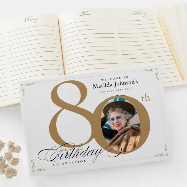 80th Birthday Calligraphy Gold White Custom Photo Guest Book | Zazzle