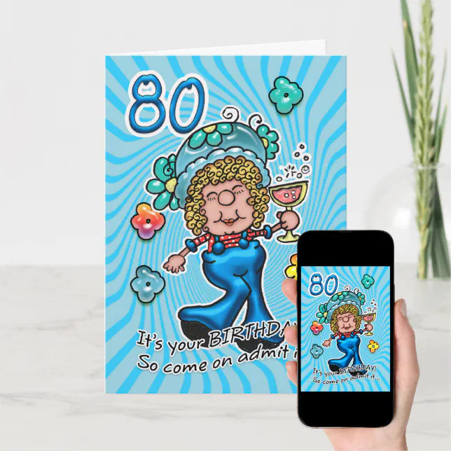 80th Birthday Card - Fun Lady With Glass Of Wine | Zazzle