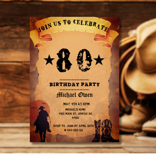 80th birthday cowboy old paper horse riding party invitation | Zazzle