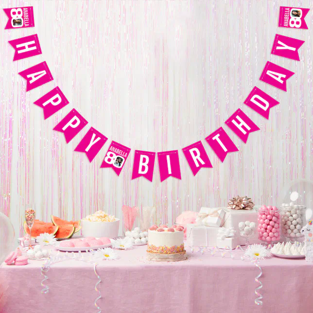 80th Birthday custom photo pink white Bunting Flags | Zazzle