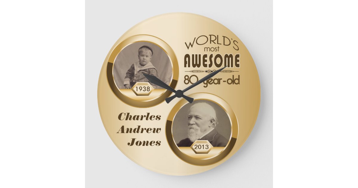 80th Birthday Customized Then Now Gold Photo Frame Large Clock | Zazzle