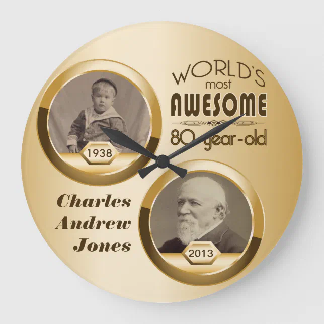 80th Birthday Customized Then Now Gold Photo Frame Large Clock | Zazzle