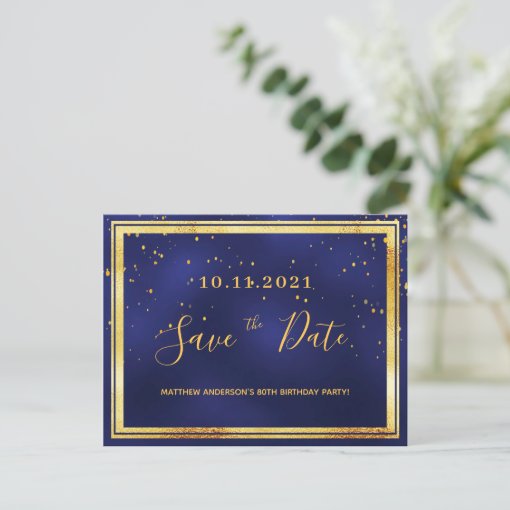 80th birthday dark blue gold save the date postcard | Zazzle