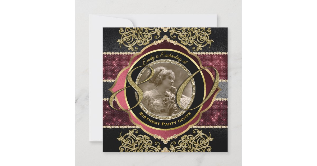 80th Birthday Eightieth Gold Ruby Gems Photo Frame Invitation | Zazzle