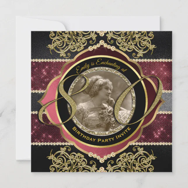 80th Birthday Eightieth Gold Ruby Gems Photo Frame Invitation | Zazzle