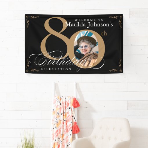 80th Birthday Elegant Gold Calligraphy Black Photo Banner | Zazzle