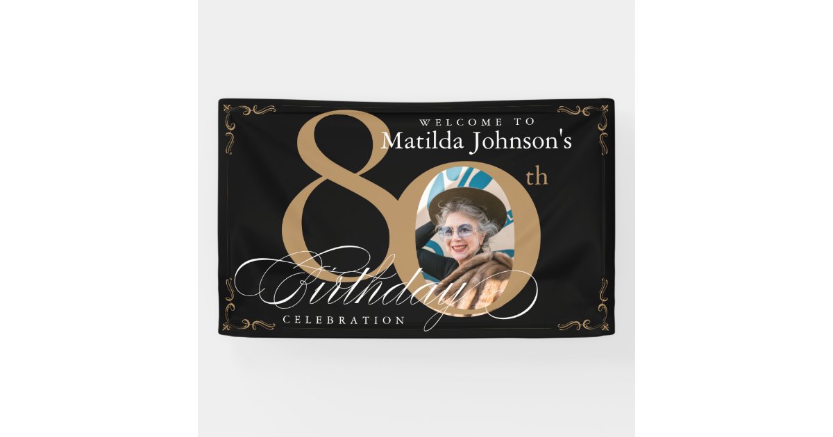 80th Birthday Elegant Gold Calligraphy Black Photo Banner | Zazzle