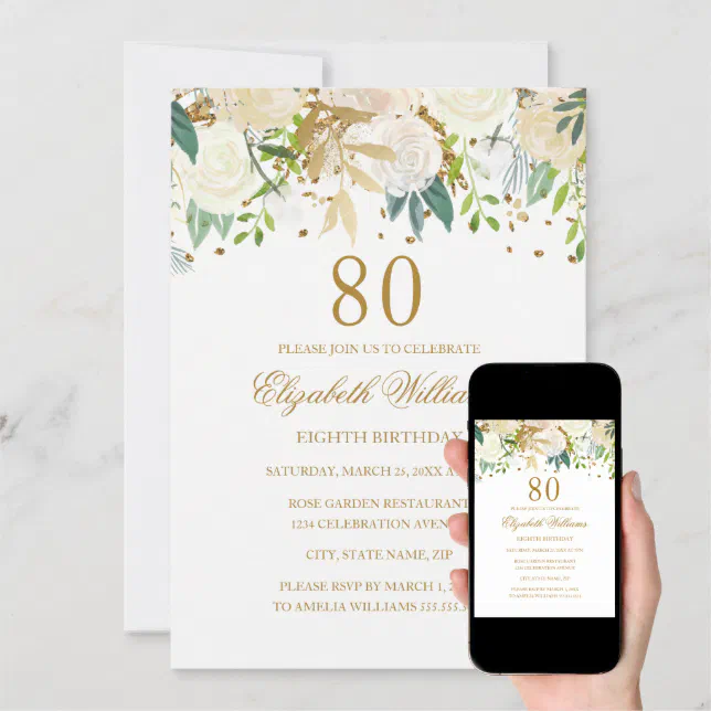 80th Birthday Elegant Gold Floral Invitation | Zazzle