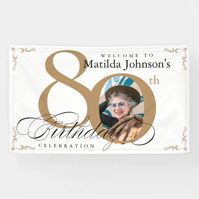 80th Birthday Elegant Gold White Calligraphy Photo Banner | Zazzle