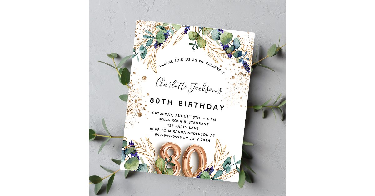 80th birthday eucalyptus budget invitation flyer | Zazzle
