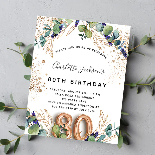 80th birthday eucalyptus budget invitation flyer | Zazzle