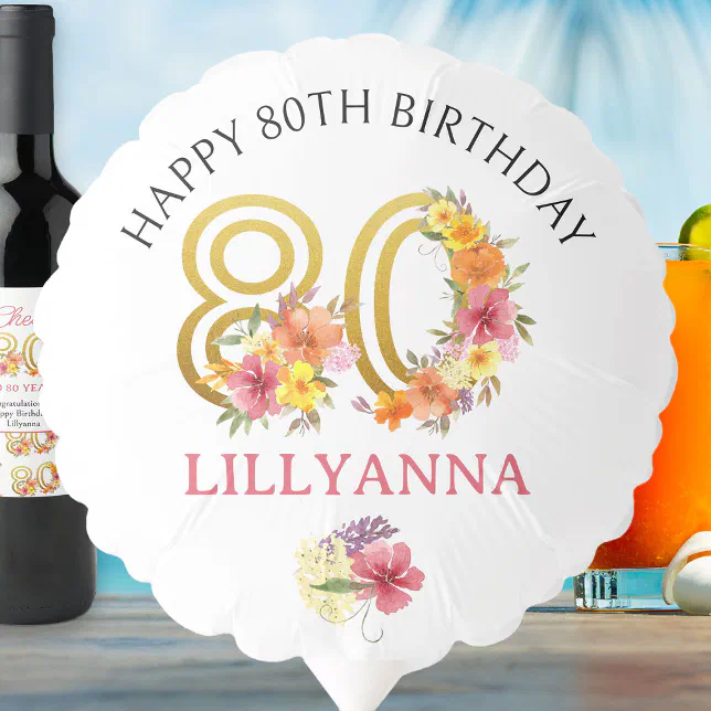 80th Birthday Floral Gold Number 80 Personalized Balloon | Zazzle