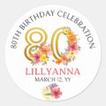 80th Birthday Floral Gold Number 80 Personalized Classic Round Sticker ...