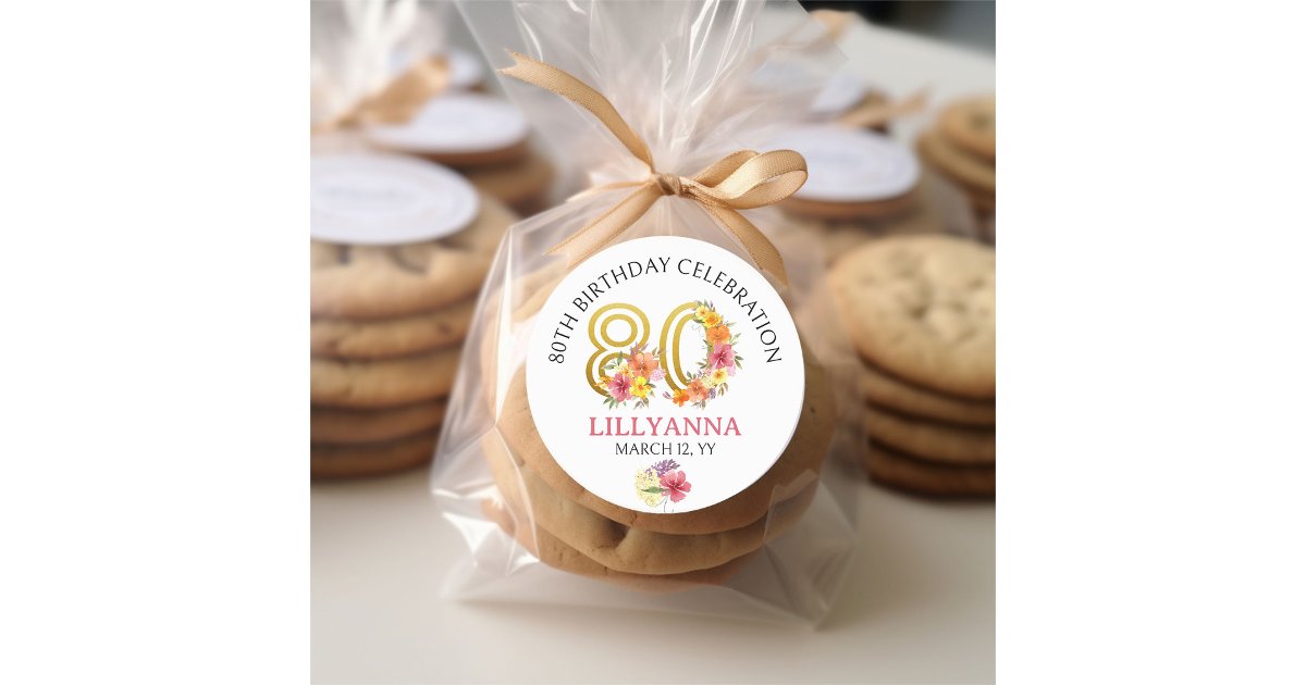 80th Birthday Floral Gold Number 80 Personalized Classic Round Sticker ...